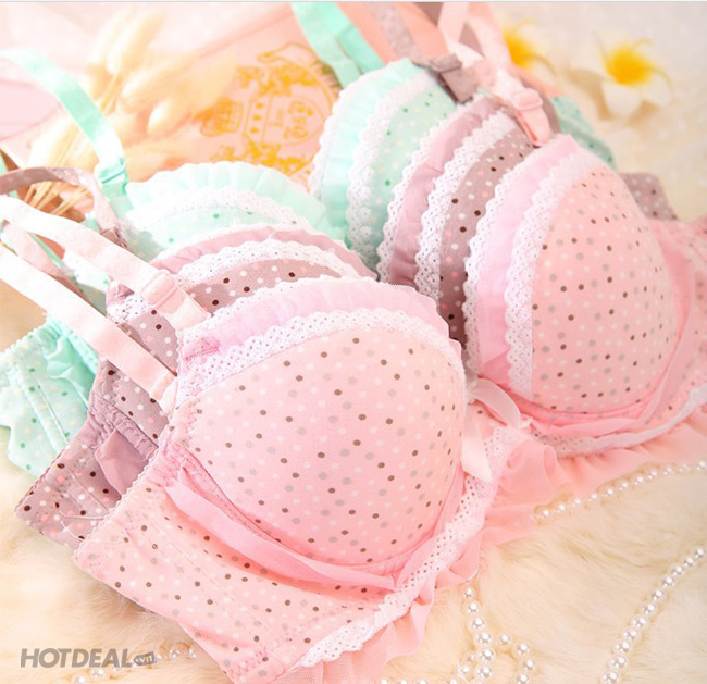 Bộ Đồ Lót Cotton Phối Ren Chấm Bi Màu Hồng