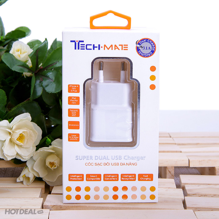 Cốc Sạc Đôi USB Techmate Dùng Cho iPad/ iPhone/ Tablet/ Smartphone